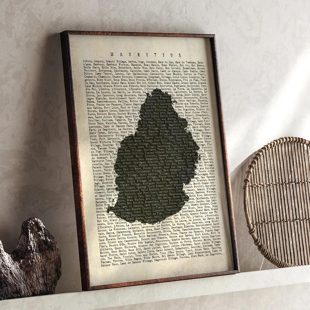 Mauritius Map | Vintage Beige Typography Map With City Names ...