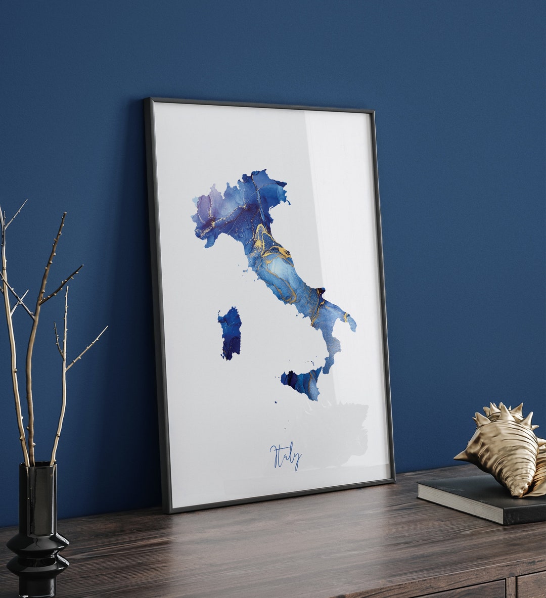 Italy Map Blue and Gold Wall Art Print - Etsy