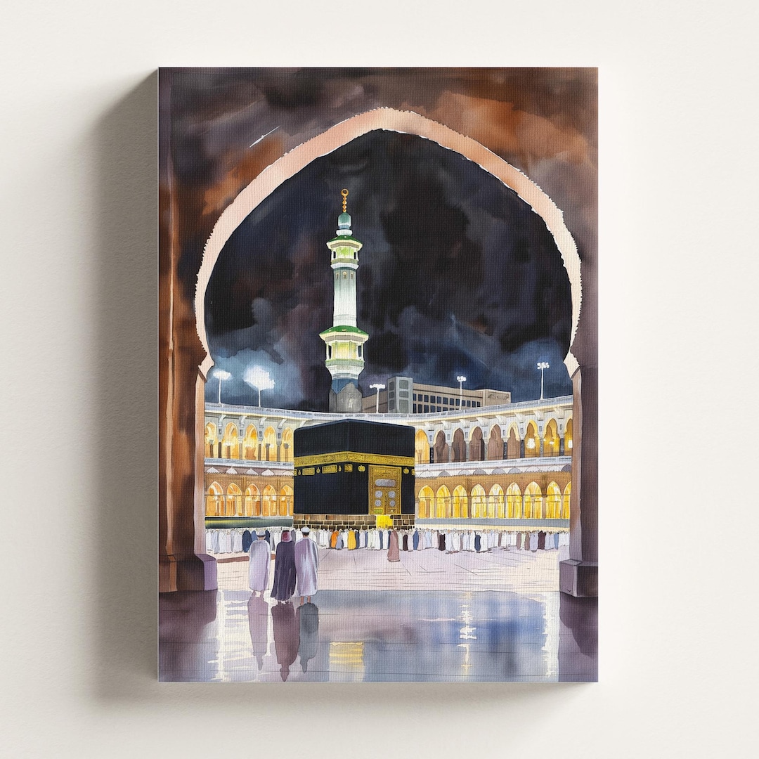 Kaaba at Night Canvas Wall Art | Islamic Architecture Painting in Black ...