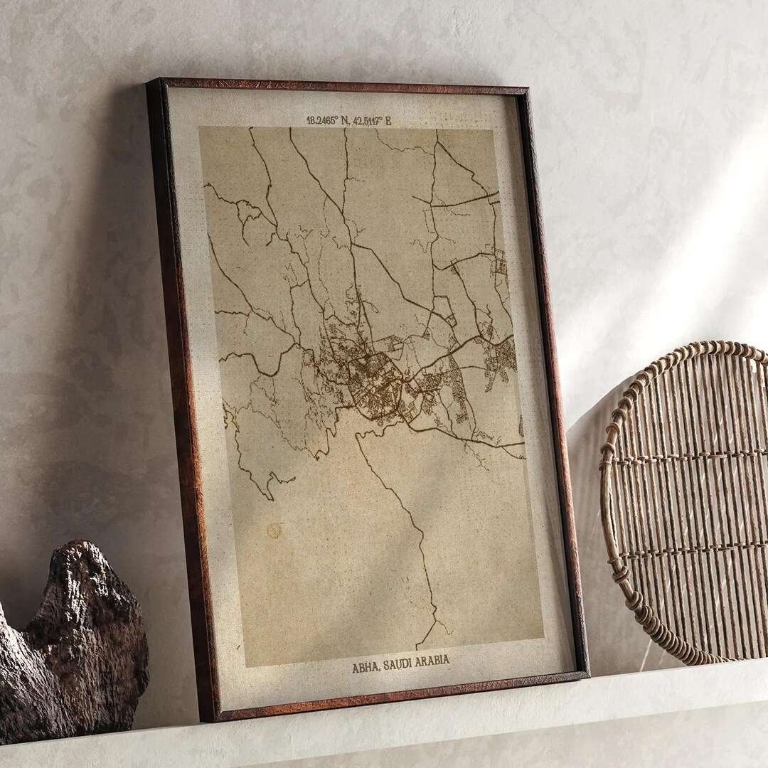 Abha, Asir Map | Vintage Beige Detailed Map Print | Saudi Arabia ...