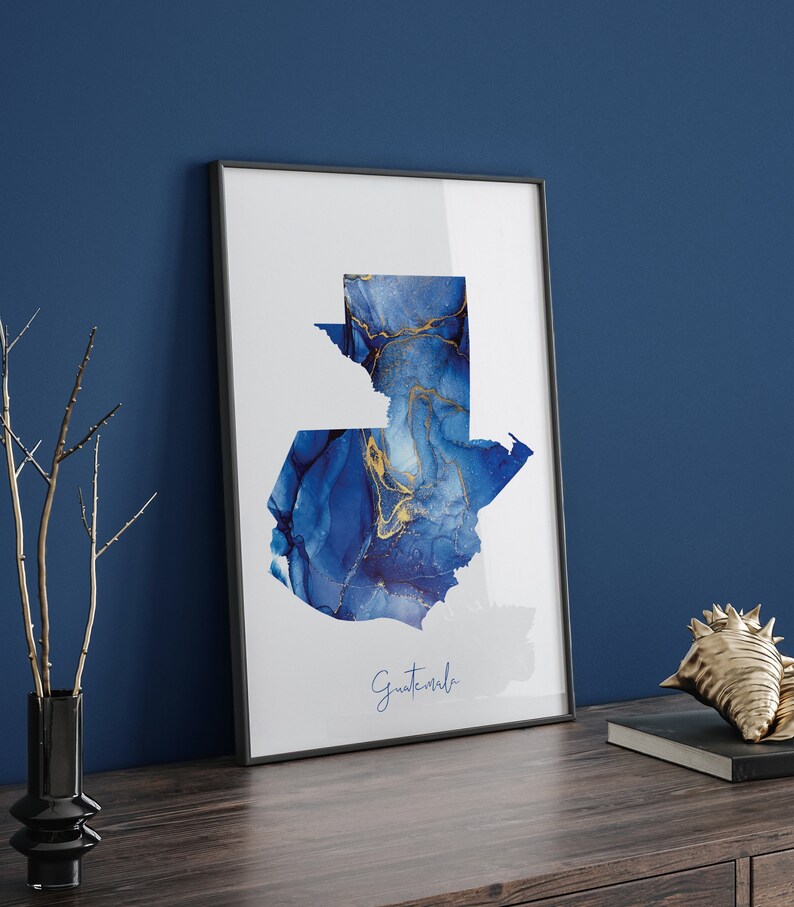 Guatemala Map Blue and Gold Wall Art Print - Etsy