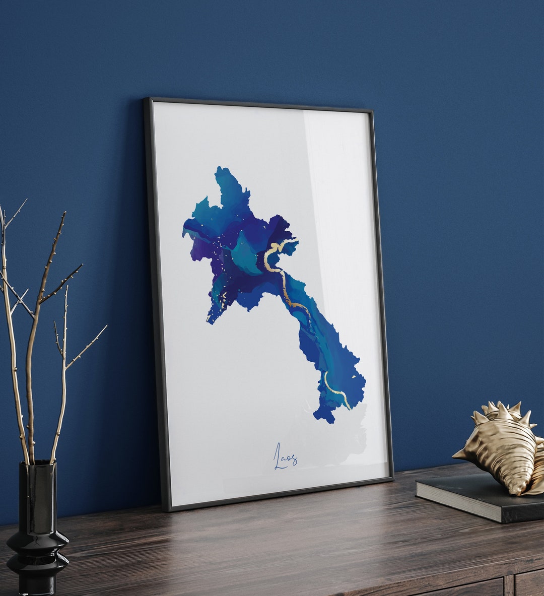 Laos Map Blue and Gold Wall Art Print - Etsy