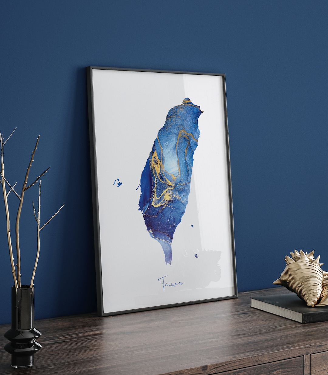 Taiwan Map Blue and Gold Wall Art Print - Etsy