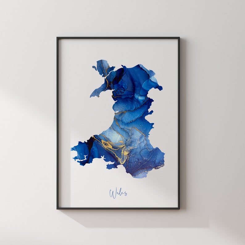 Wales Map Blue & Gold Wall Art Print - Etsy