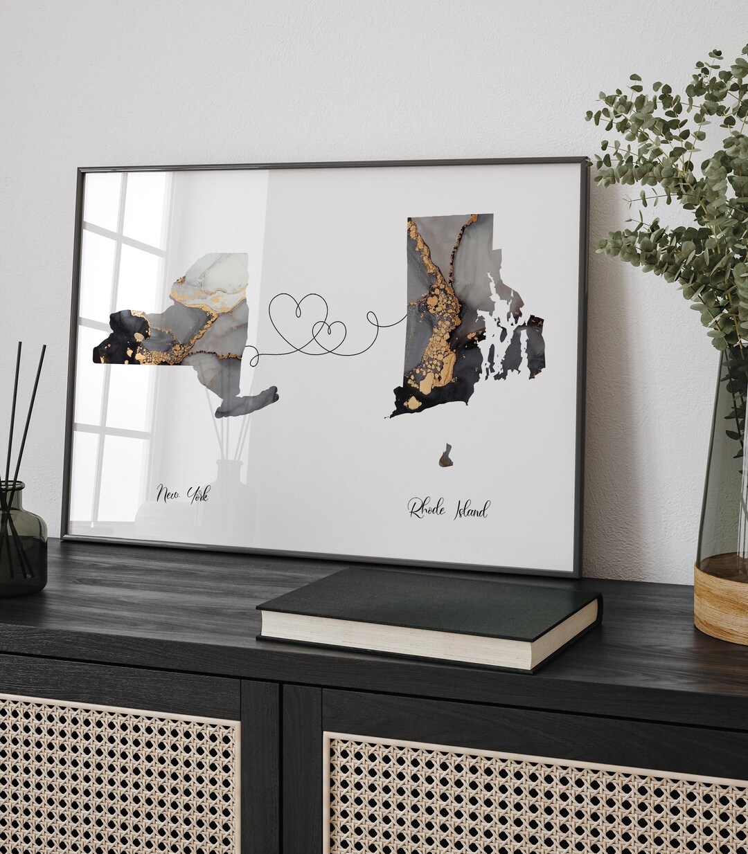 New York and Rhode Island Map Black & Gold Travel Wall Art Print | New ...