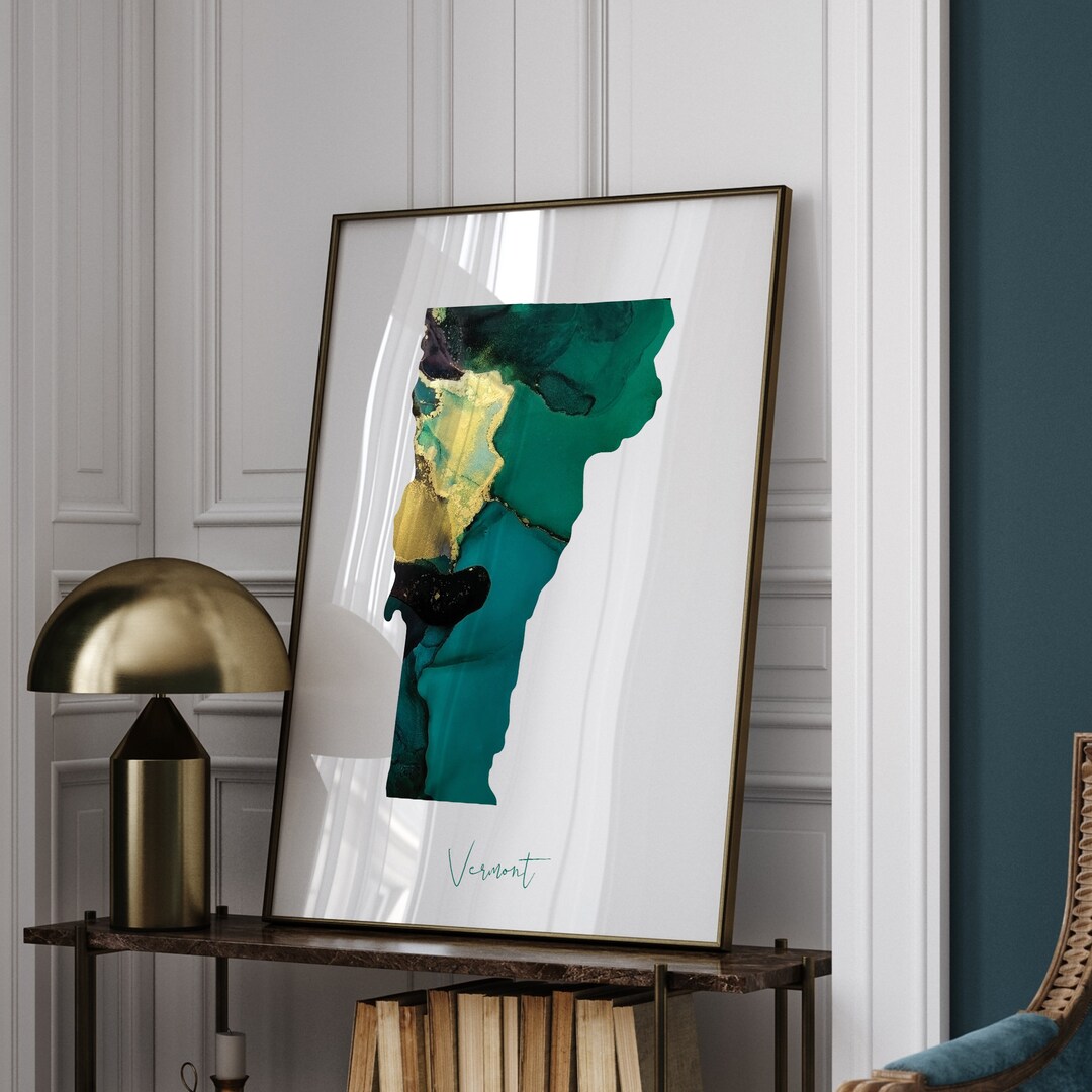 Carte du Vermont, impression d'art mural vert émeraude et or | État ...