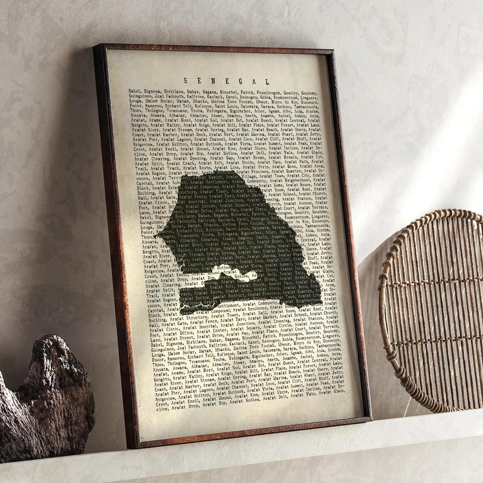 Senegal Map | Vintage Beige Typography Map With City Names | Senegal ...