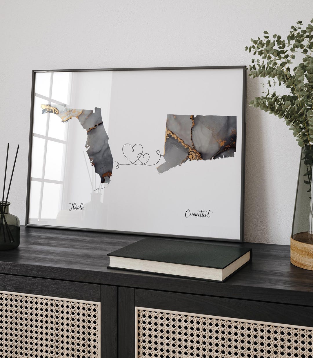 Florida and Connecticut Map Black & Gold Travel Wall Art Print ...
