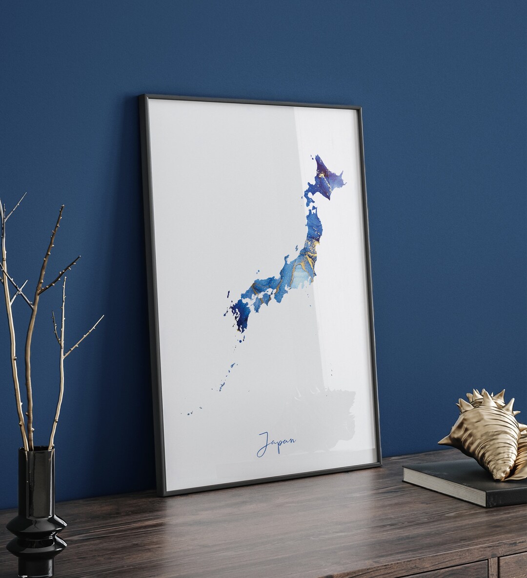 Japan Map Blue and Gold Wall Art Print - Etsy