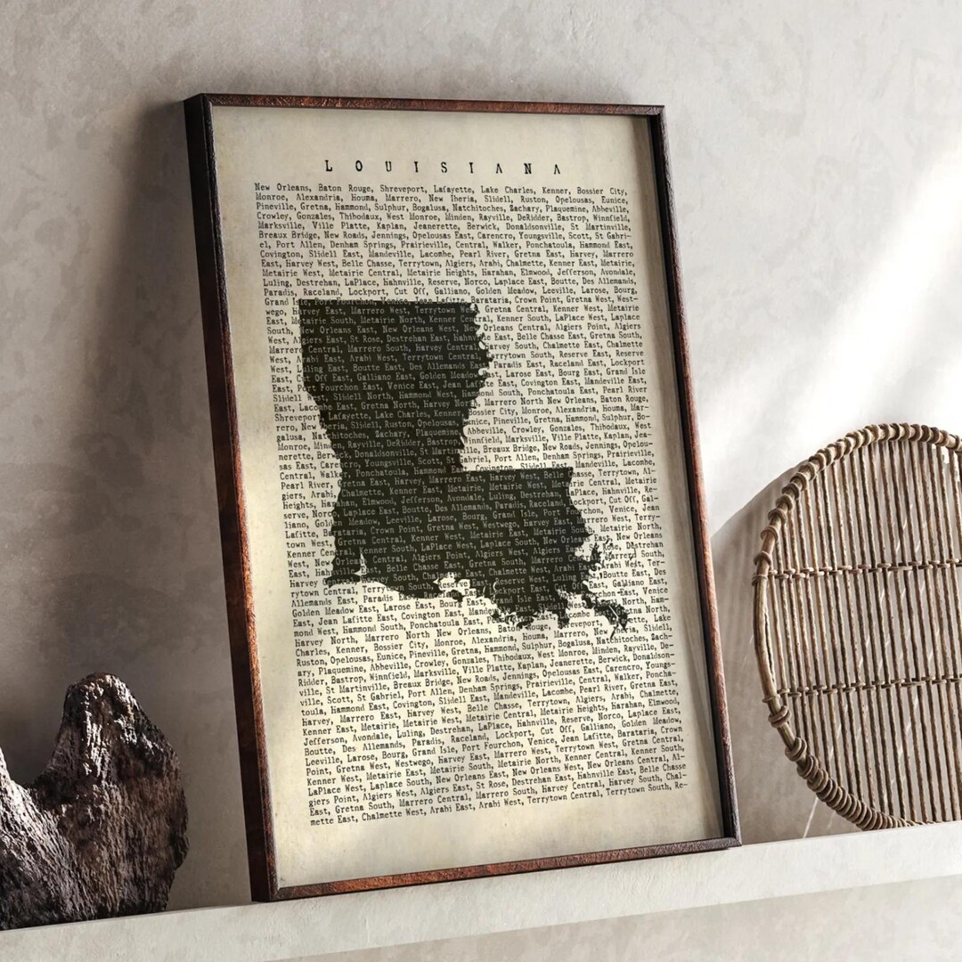 Louisiana Map Wall Art Print | Vintage Beige Typography Map | US State ...