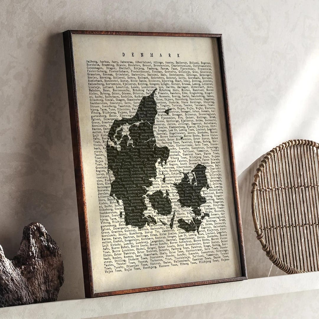 Denmark Map | Vintage Beige Typography Map With City Names | Denmark ...