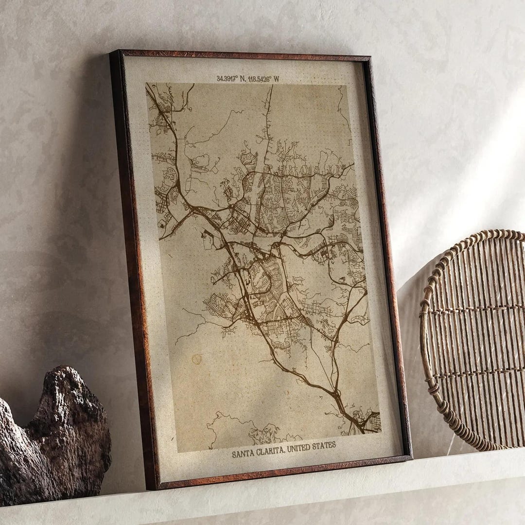 Santa Clarita, California Map | Vintage Beige Detailed Map Print ...
