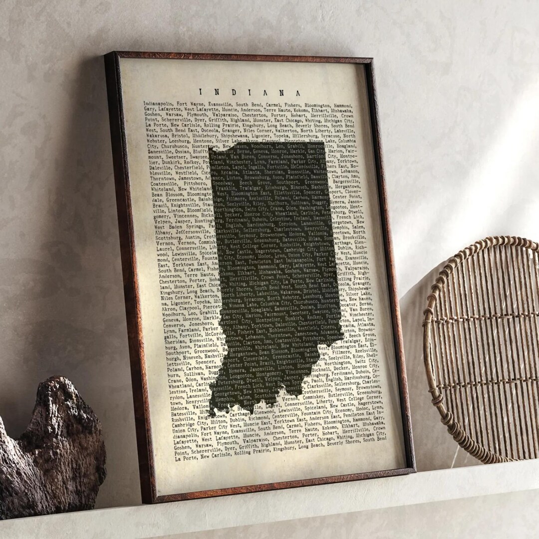 Indiana Map Wall Art Print | Vintage Beige Typography Map | US State ...