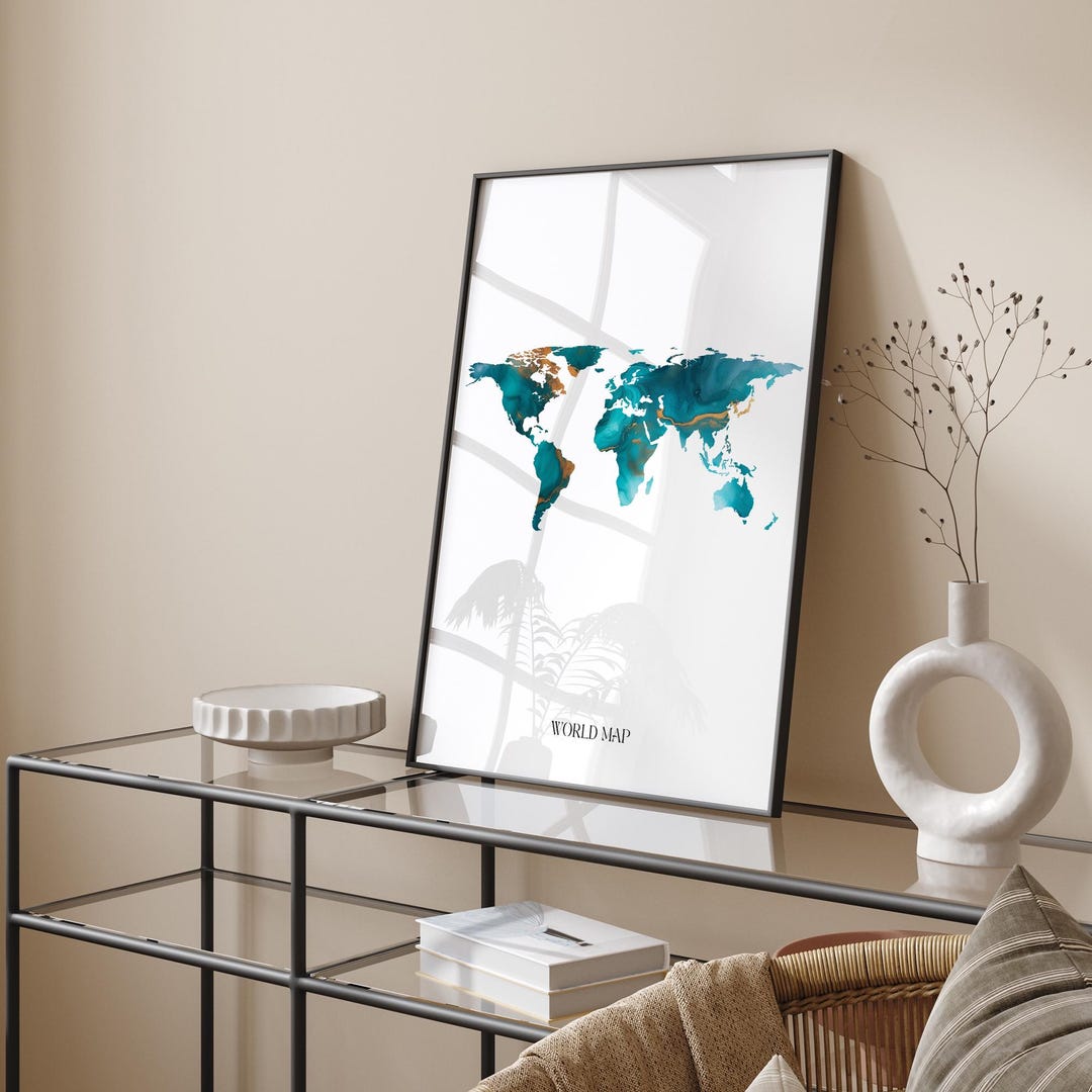 World Map Turquoise & Gold Wall Art Print - Etsy