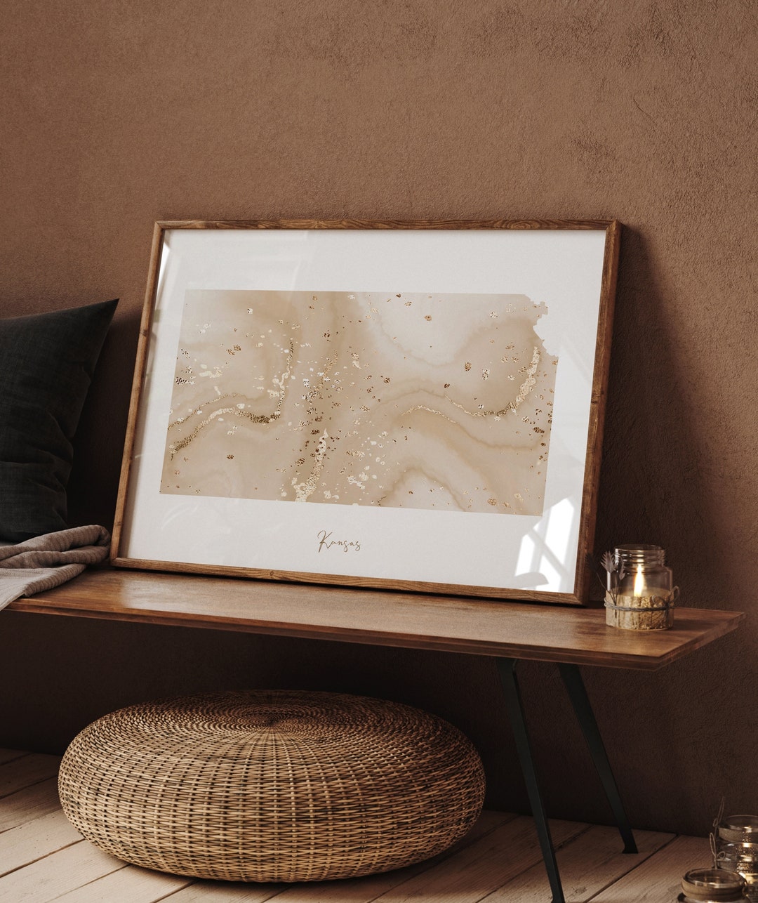 Kansas Map Beige & Gold Wall Art Print | US State | USA | United States ...