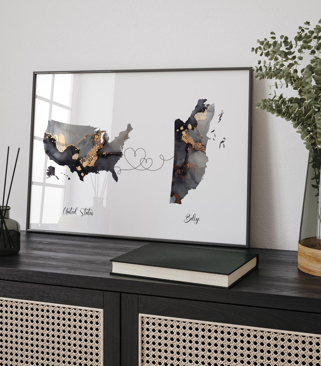 USA and Belize Map Black & Gold Travel Wall Art Print | United States ...