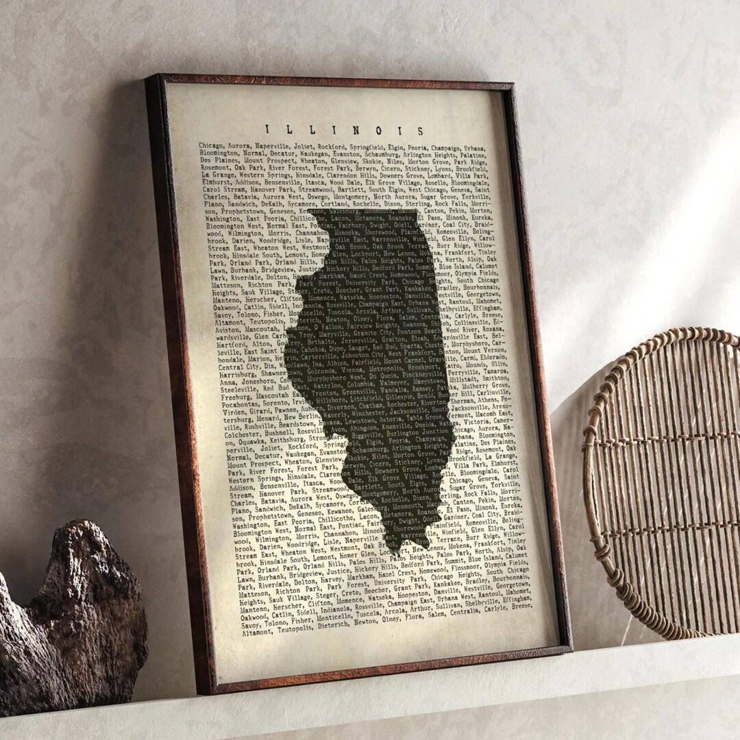 Illinois Map Wall Art Print | Vintage Beige Typography Map | US State ...