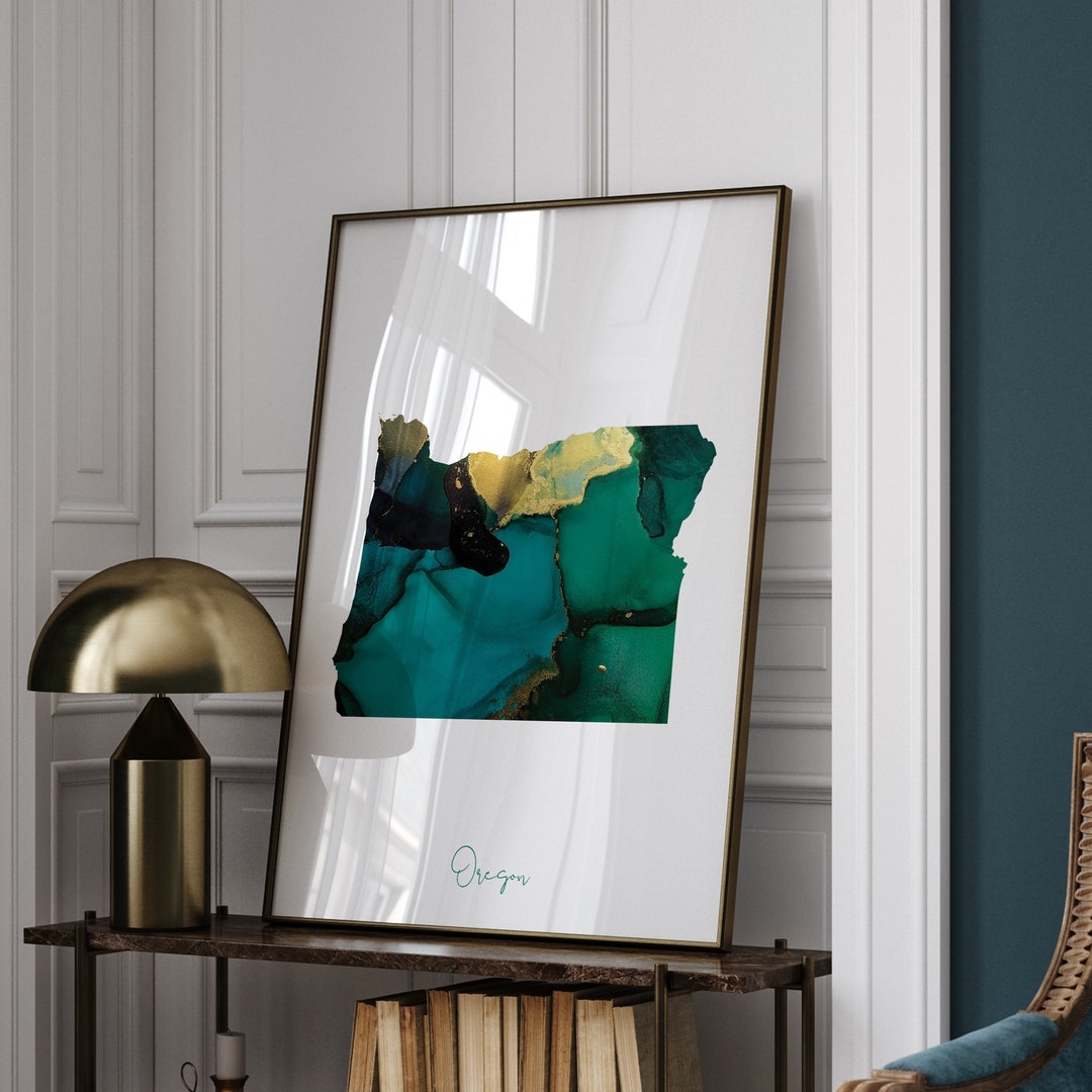 Oregon Map Emerald Green and Gold Wall Art Print | US State | USA ...
