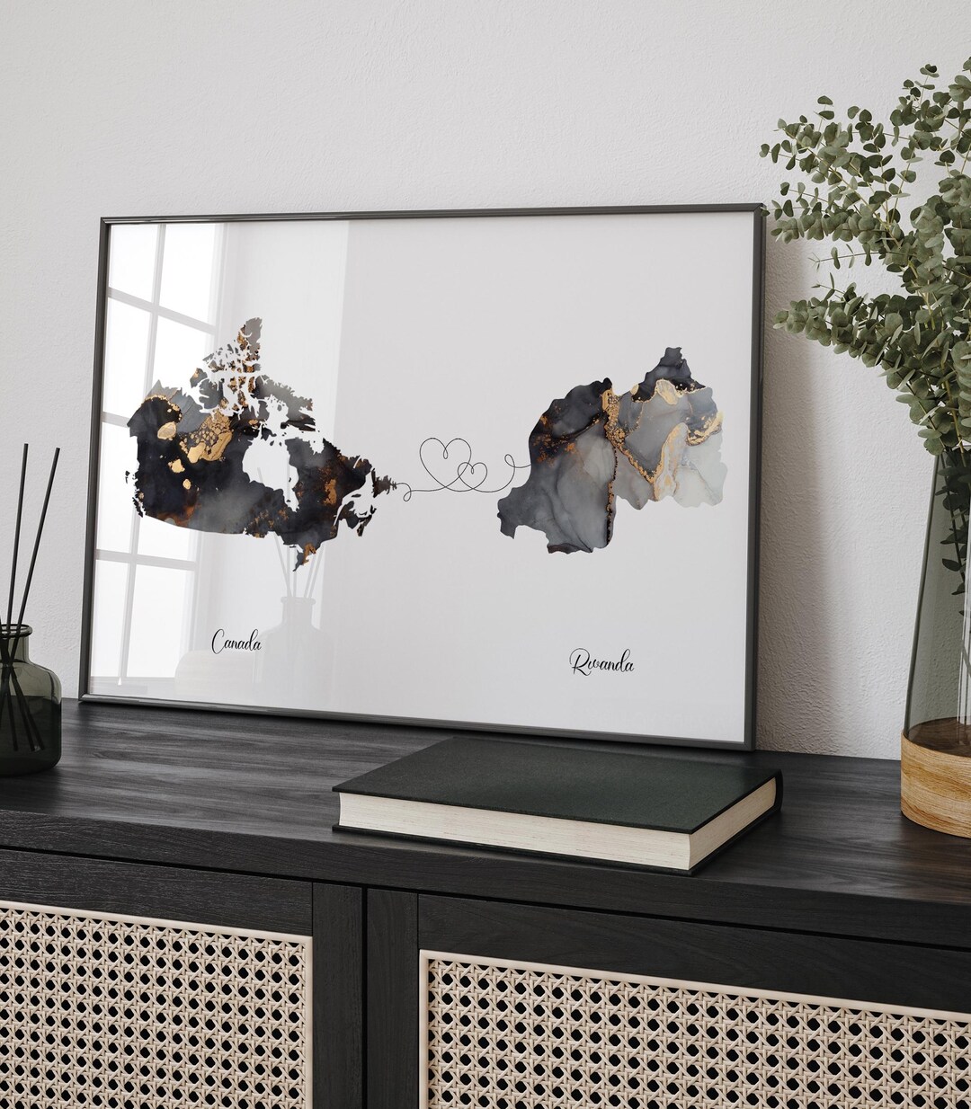 Canada and Rwanda Map Black & Gold Travel Wall Art Print | Canadian ...