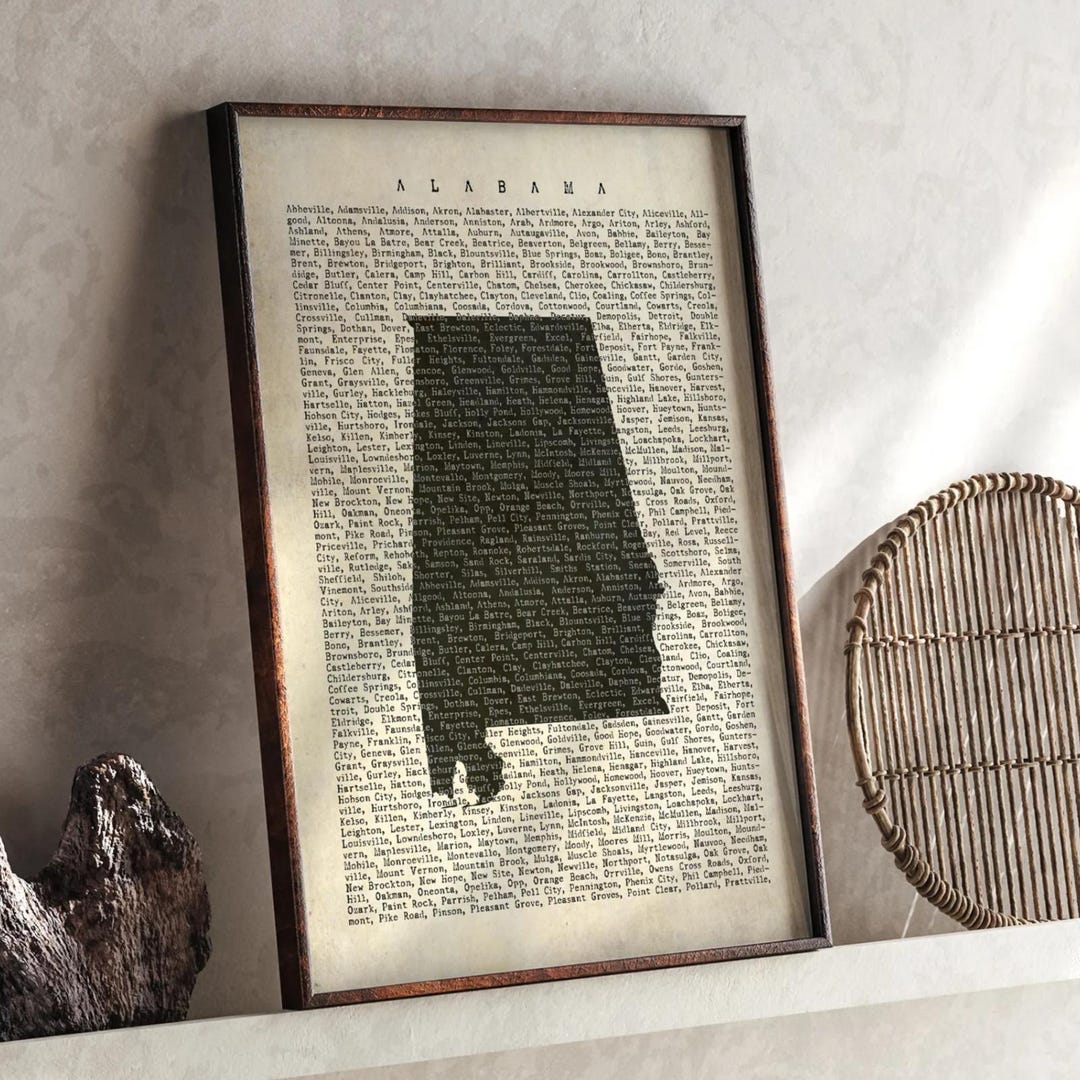 Alabama Map Wall Art Print | Vintage Beige Typography Map | US State ...