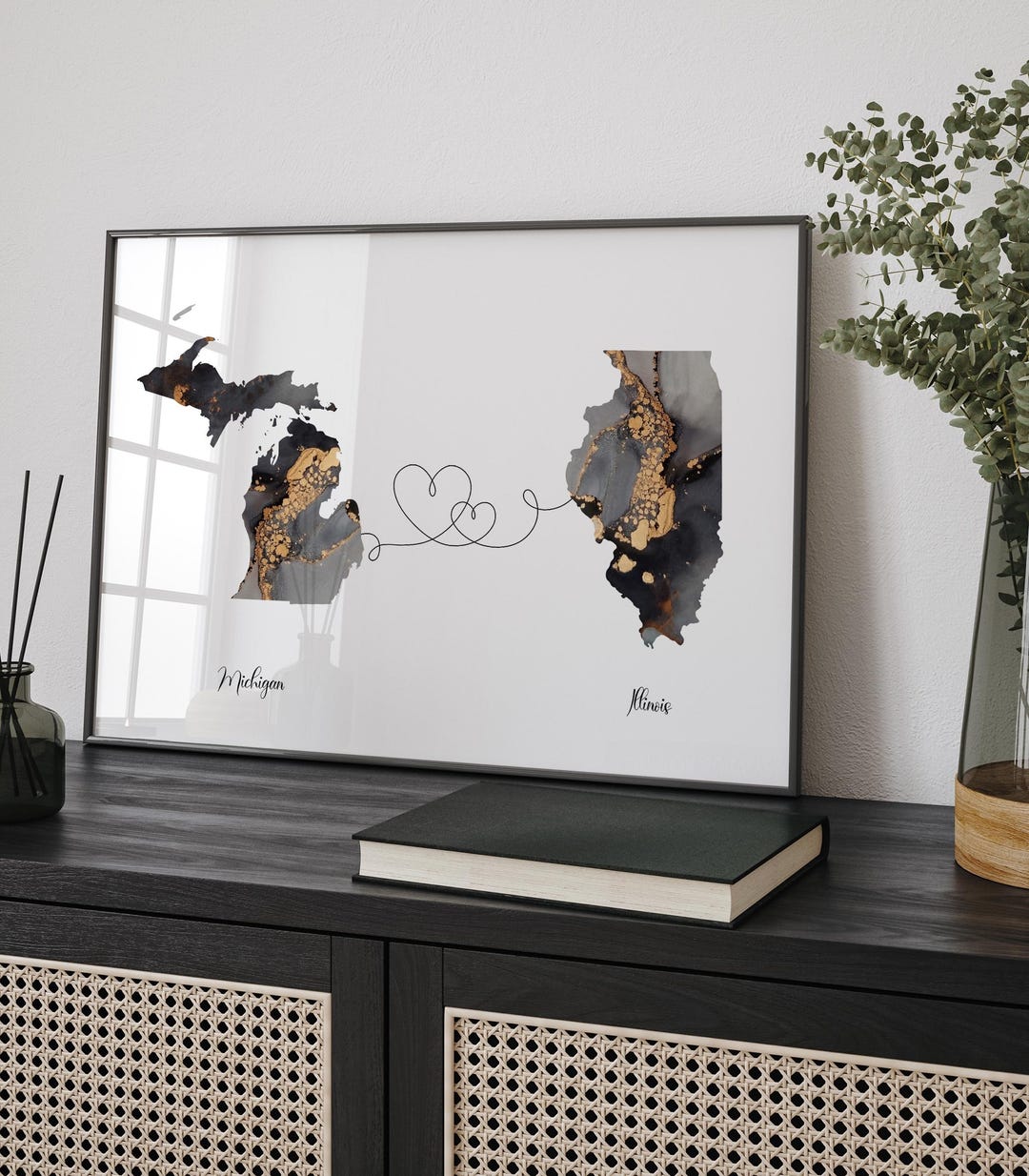 Michigan and Illinois Map Black & Gold Travel Wall Art Print | Michigan ...