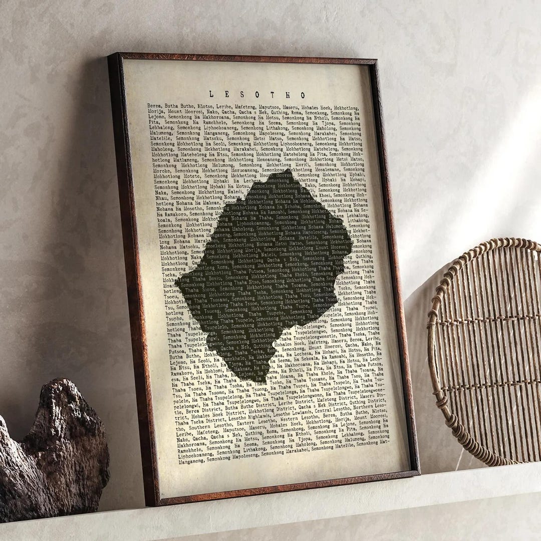 Lesotho Map | Vintage Beige Typography Map With City Names | Lesotho ...
