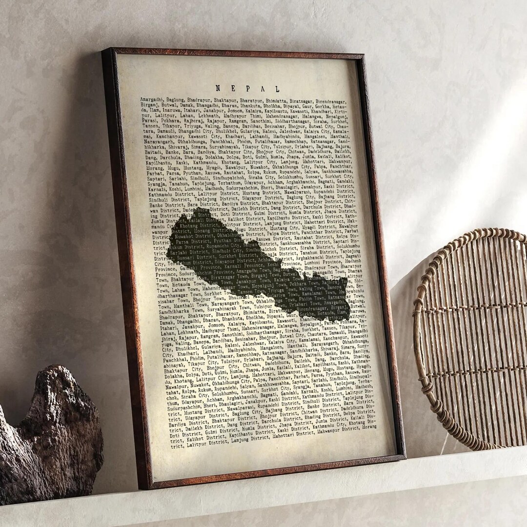 Nepal Map | Vintage Beige Typography Map With City Names | Nepal Travel ...