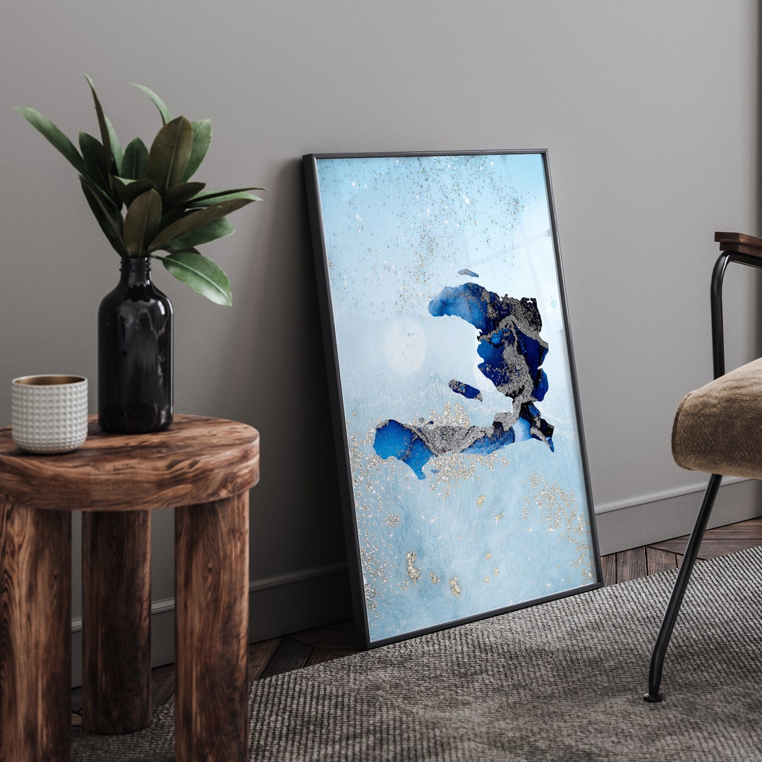 Haiti Map Shades of Blue & Silver Wall Art Print - Etsy
