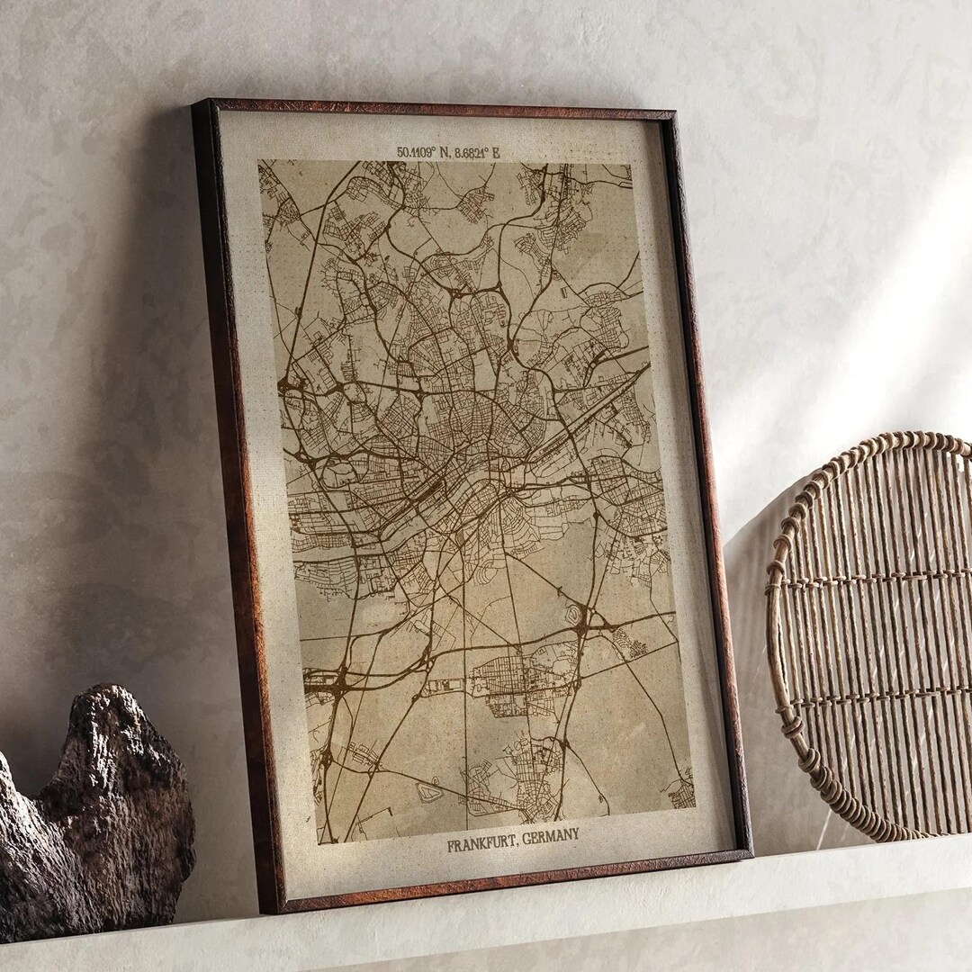 Frankfurt, Hesse Map | Vintage Beige Detailed Map Print | Germany ...