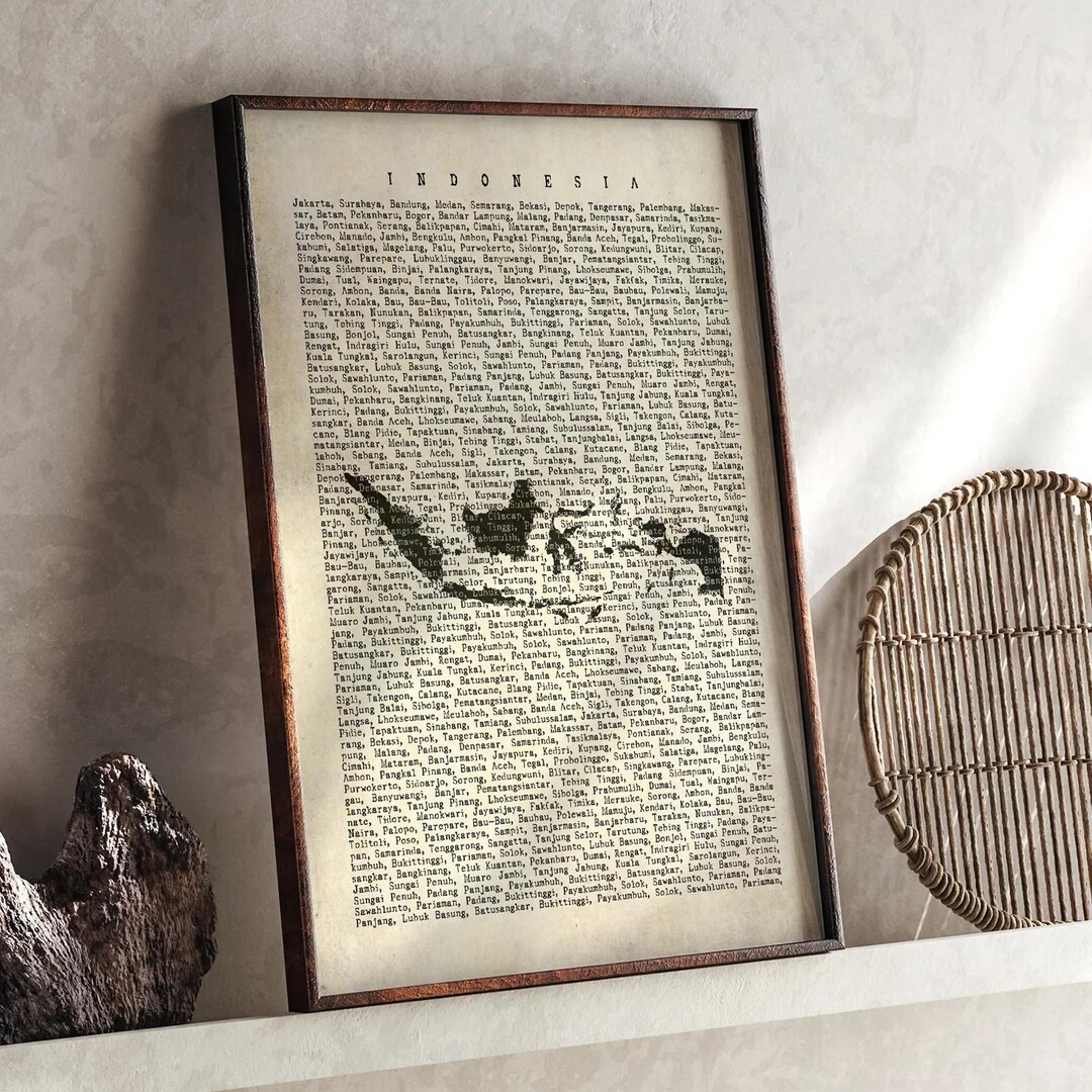 Indonesia Map | Vintage Beige Typography Map With City Names ...