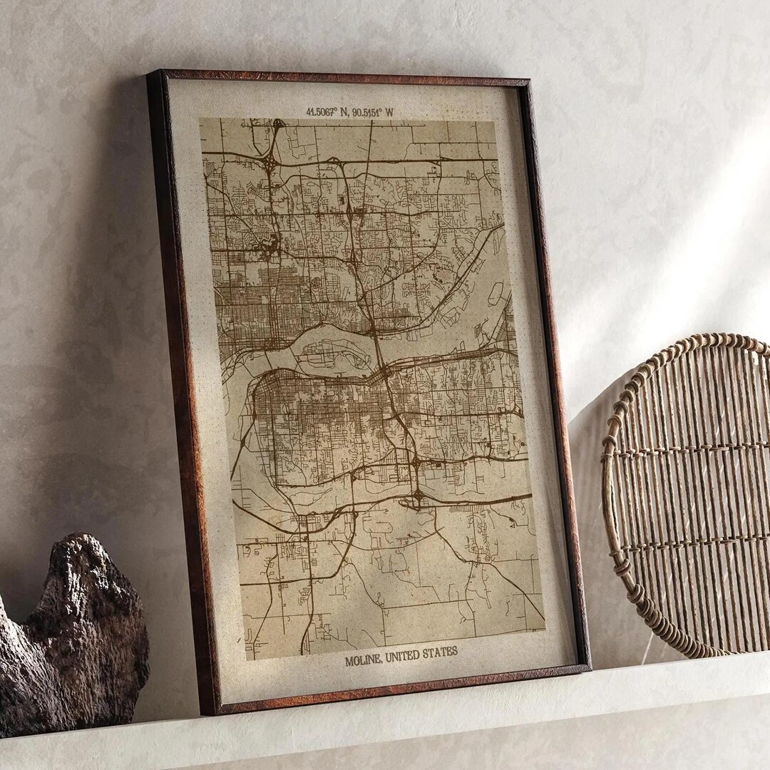 Moline, Illinois Map | Vintage Beige Detailed Map Print | United States ...