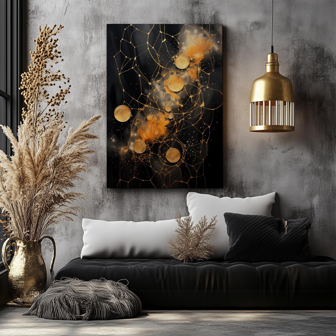 Abstract Solar System Art in Black and Gold | Modern Geometric Canvas ...