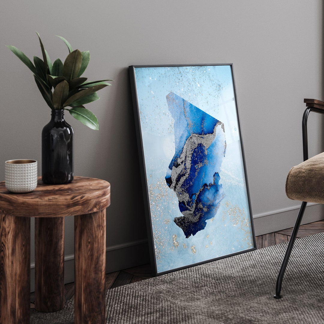 Chad Map Shades of Blue & Silver Wall Art Print - Etsy