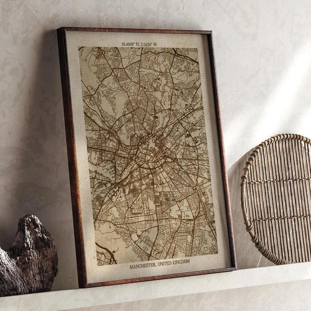 Manchester, England Map | Vintage Beige Detailed Map Print | United ...