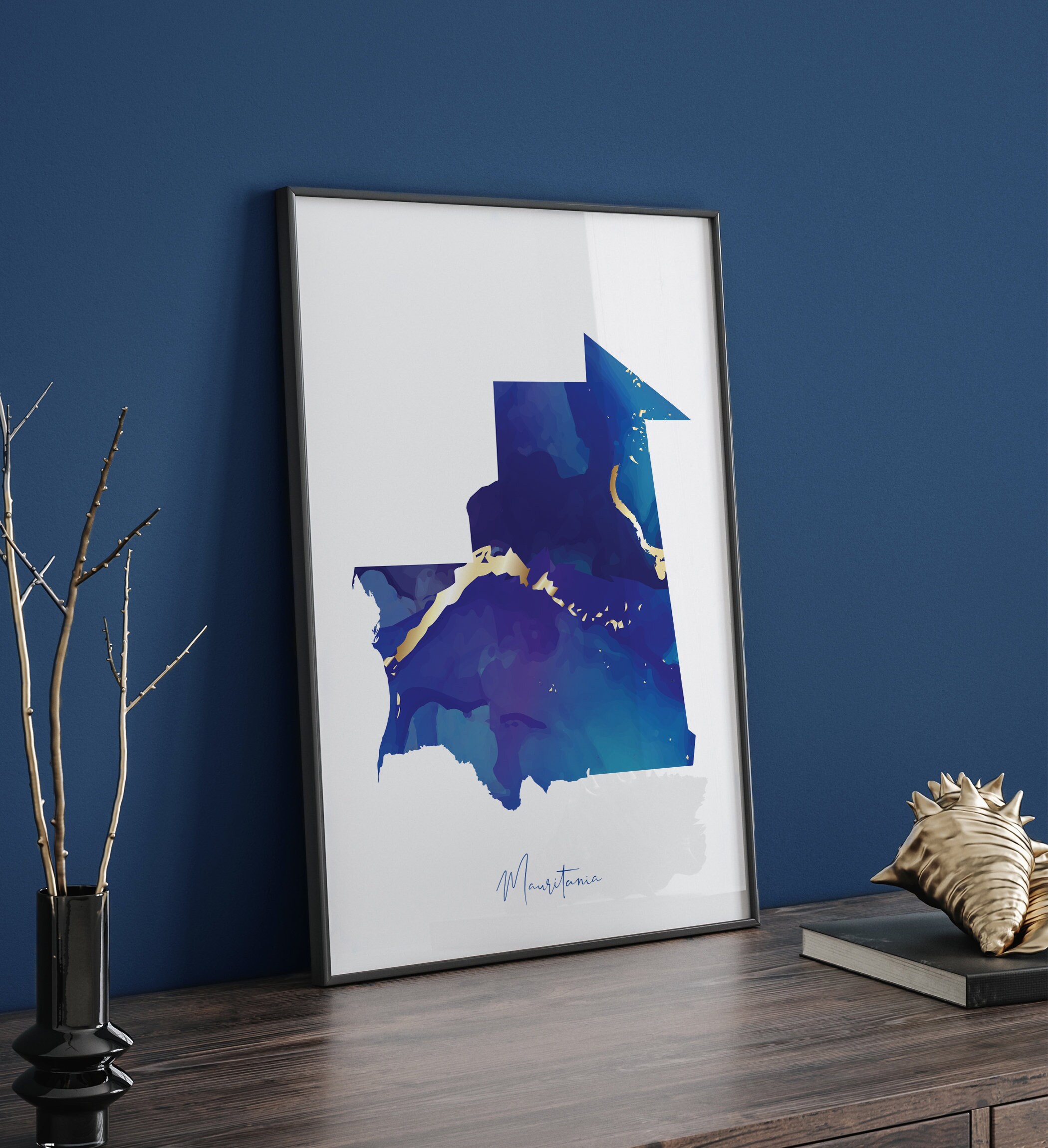 Mauritania Map Blue and Gold Wall Art Print - Etsy
