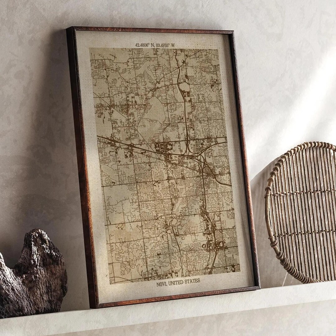 Novi, Michigan Map | Vintage Beige Detailed Map Print | United States ...