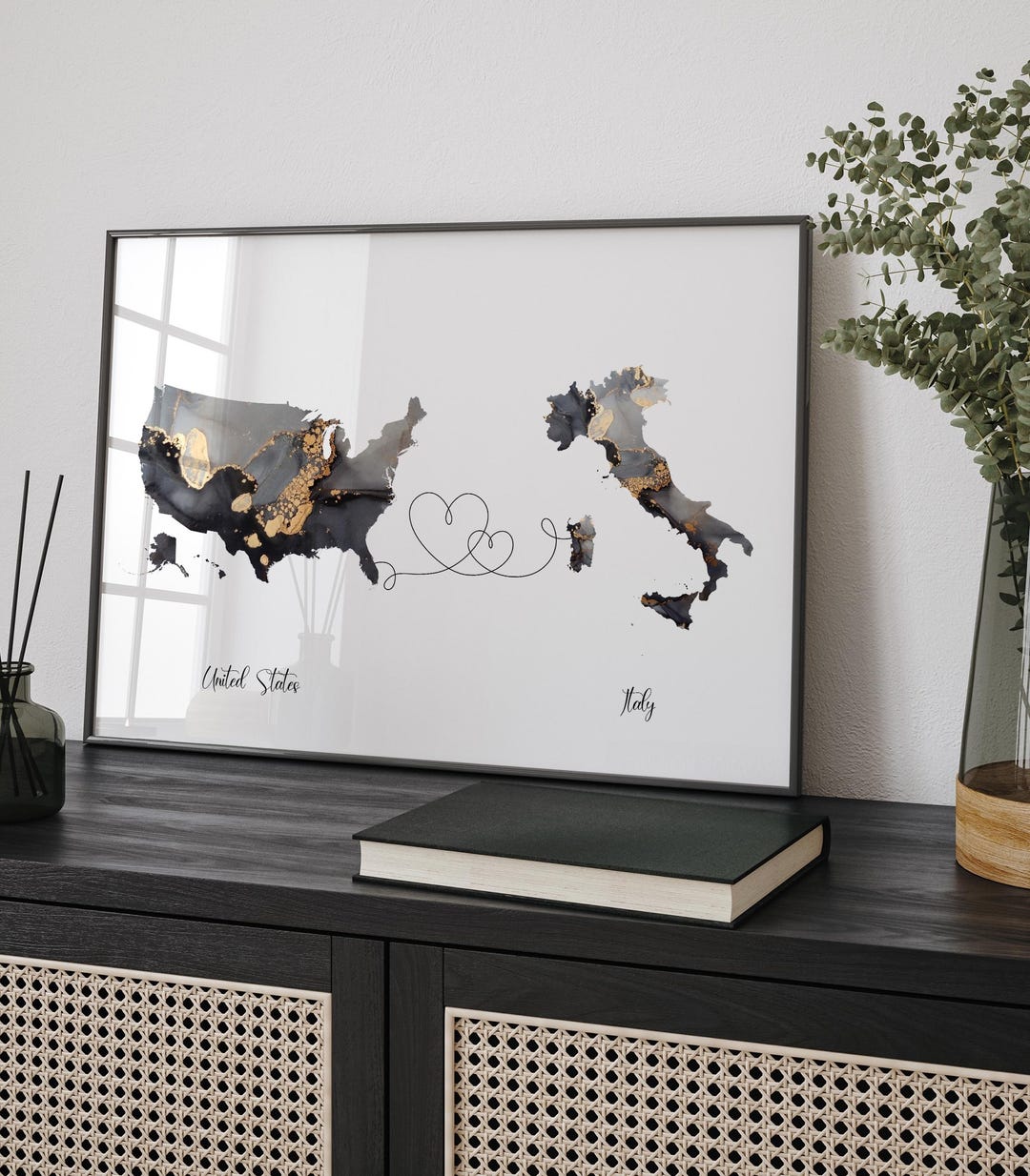 USA and Italy Map Black & Gold Travel Wall Art Print | United States ...