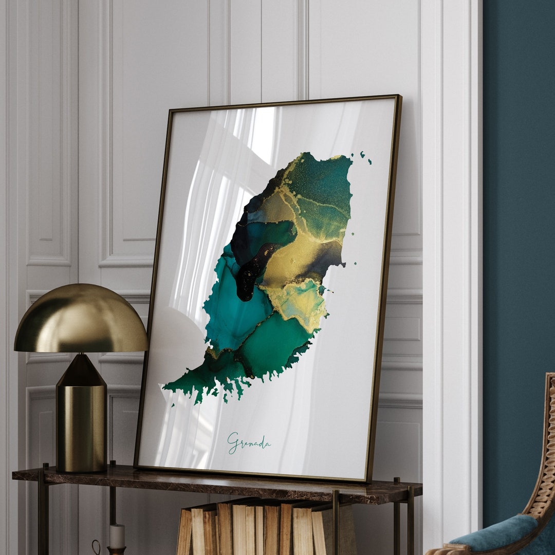 Grenada Map Emerald Green and Gold Wall Art Print - Etsy