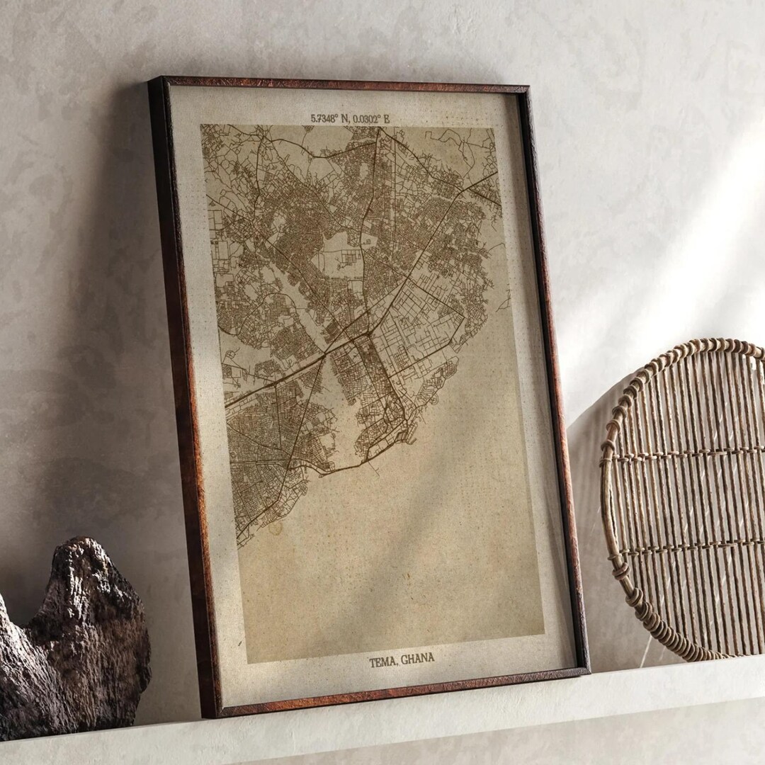 Tema, Greater Accra Map | Vintage Beige Detailed Map Print | Ghana ...