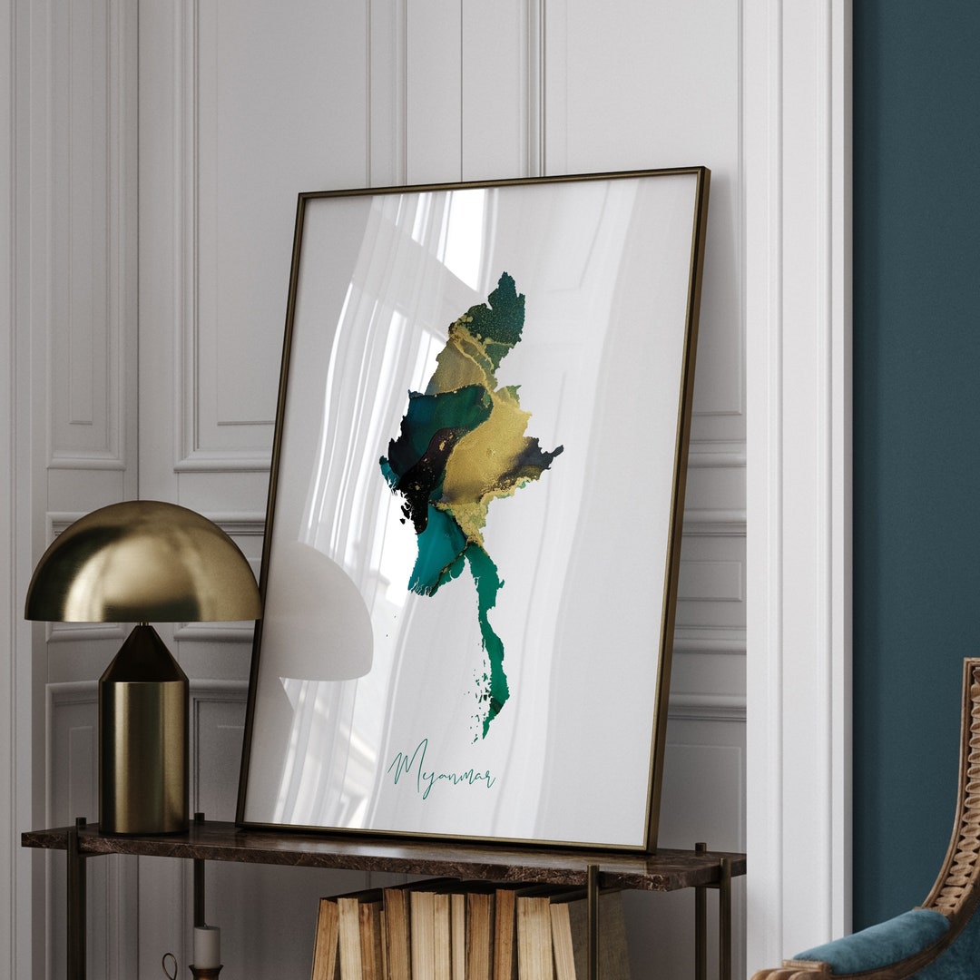 Myanmar Map Emerald Green and Gold Wall Art Print - Etsy UK