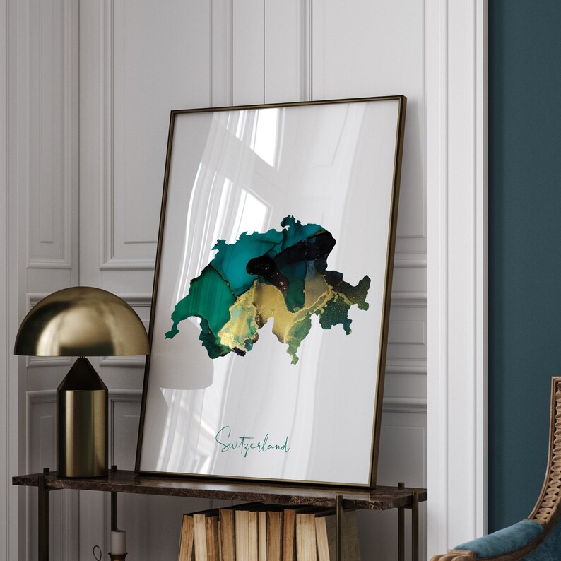 Switzerland Map Emerald Green and Gold Wall Art Print - Etsy