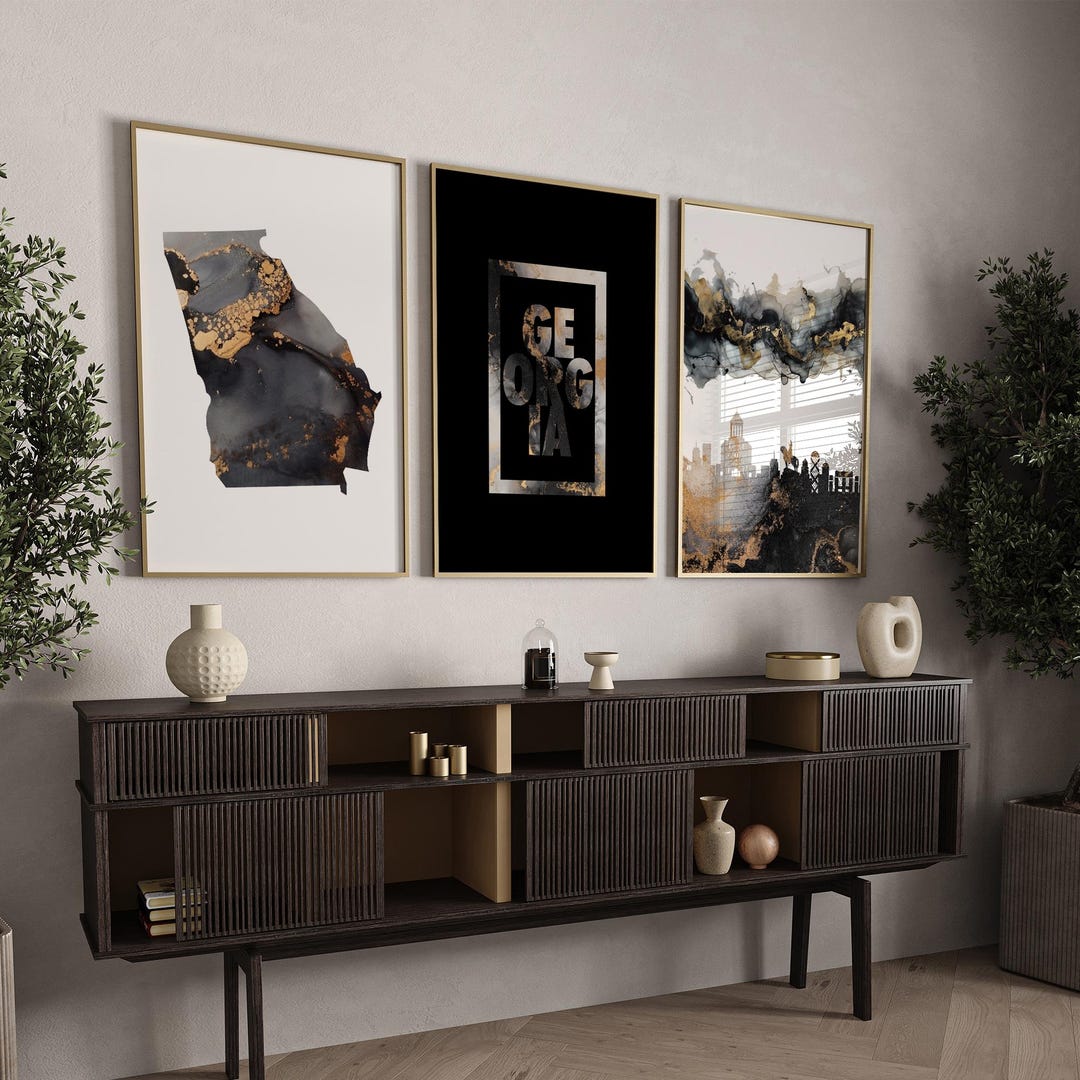 Set of 3 Georgia Black & Gold Wall Art | Georgia Map | Georgia Skyline ...