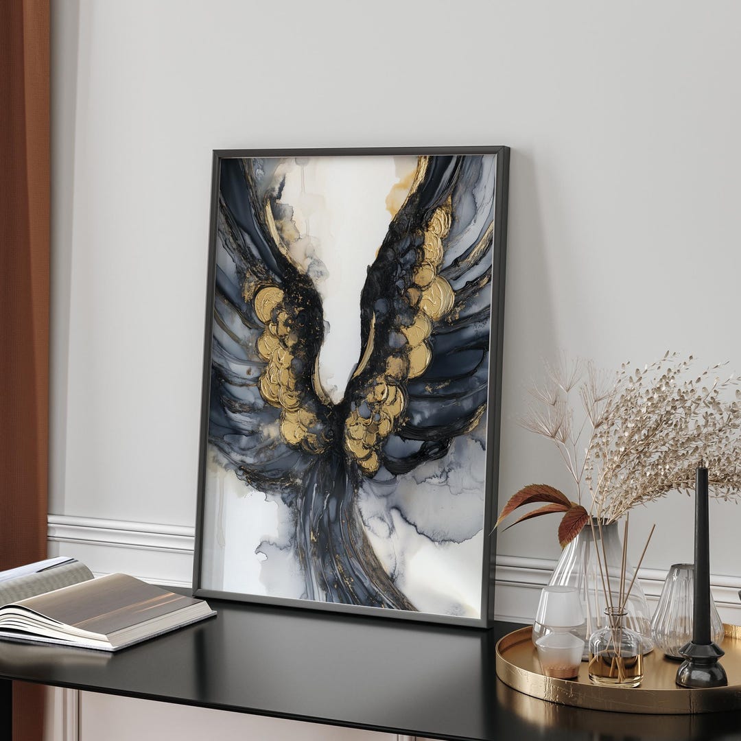 Black and Gold Angel Wings Art | Luxurious Spiritual Wall Print ...
