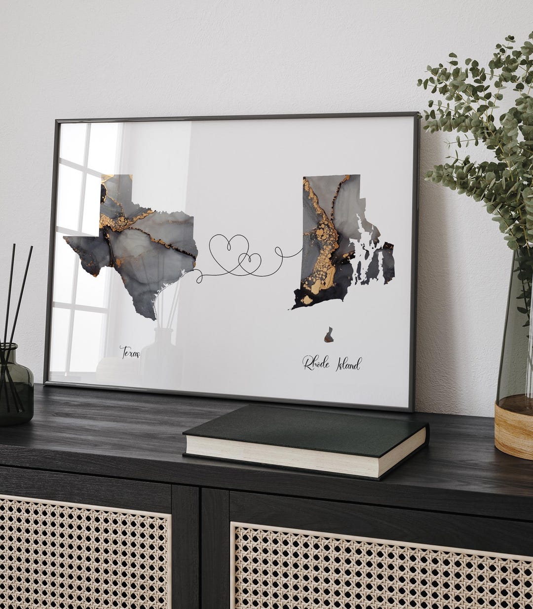 Texas and Rhode Island Map Black & Gold Travel Wall Art Print | Texas ...