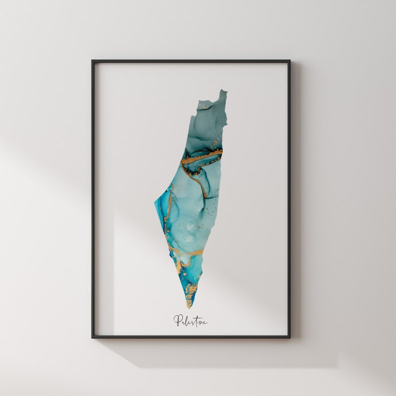 Palestine Map Shades of Blue & Green With Gold Wall Art Print - Etsy