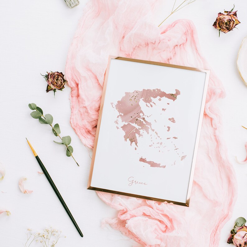 Greece Map Pink and Gold Wall Art Print - Etsy