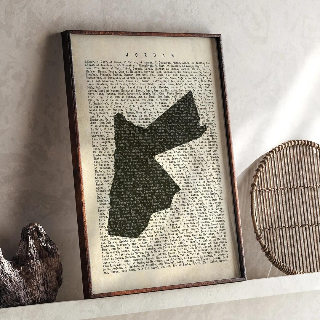 Jordan Map | Vintage Beige Typography Map With City Names | Jordan ...