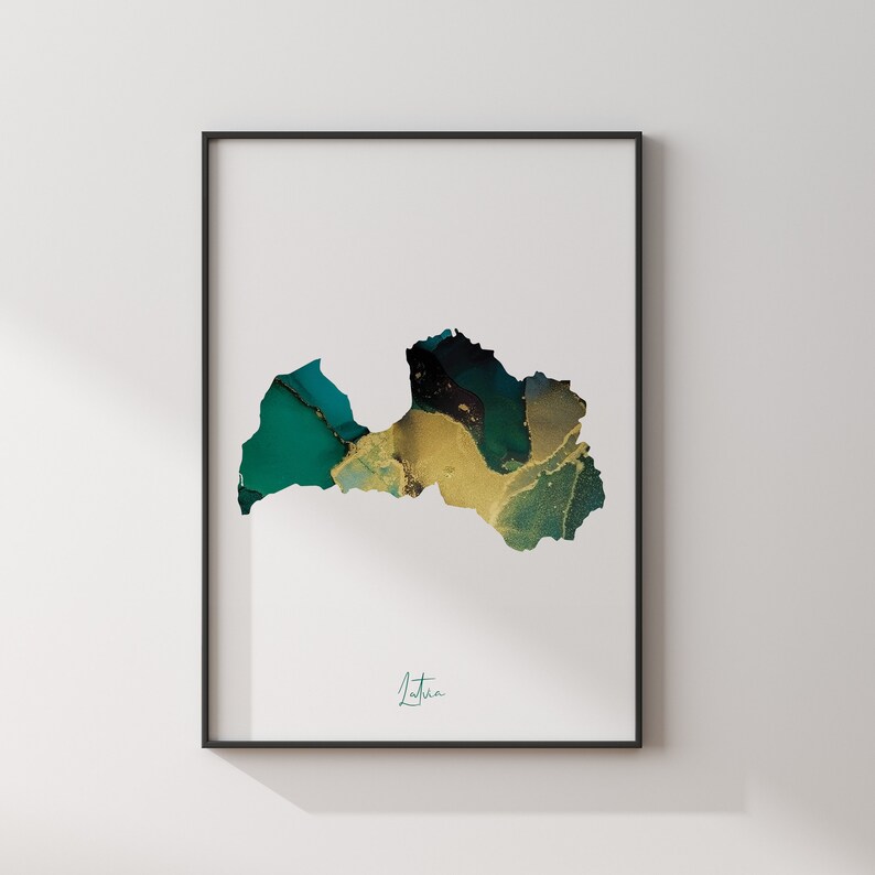Latvia Map Emerald Green and Gold Wall Art Print - Etsy