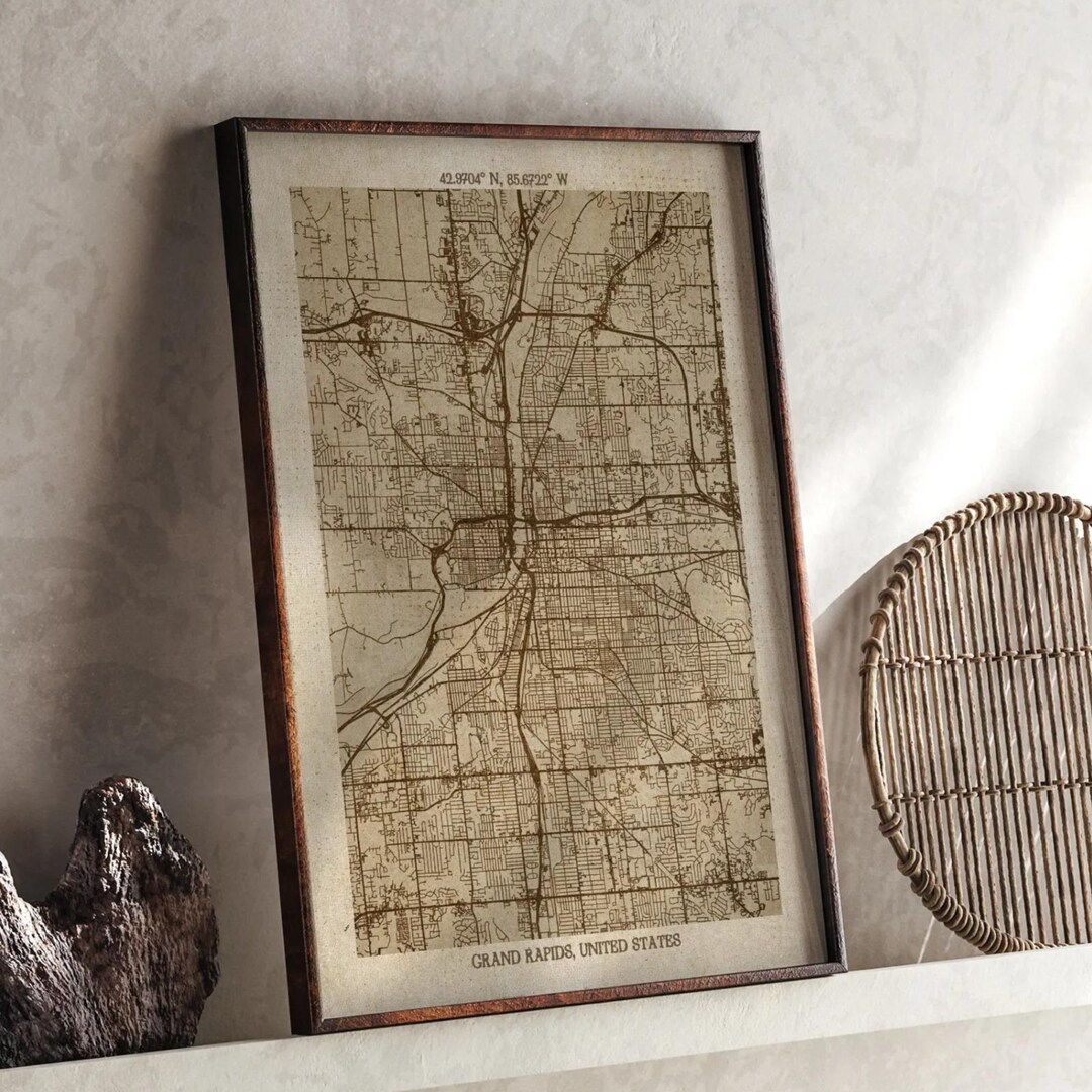 Grand Rapids, Michigan Map | Vintage Beige Detailed Map Print | United ...