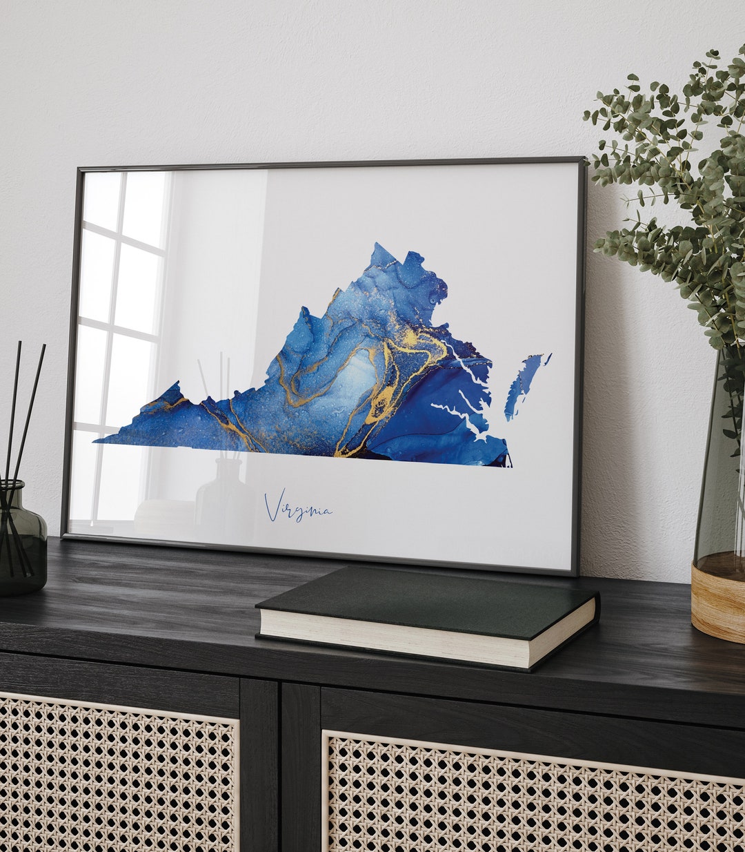 Virginia Map Blue and Gold Wall Art Print | US State | United States of ...
